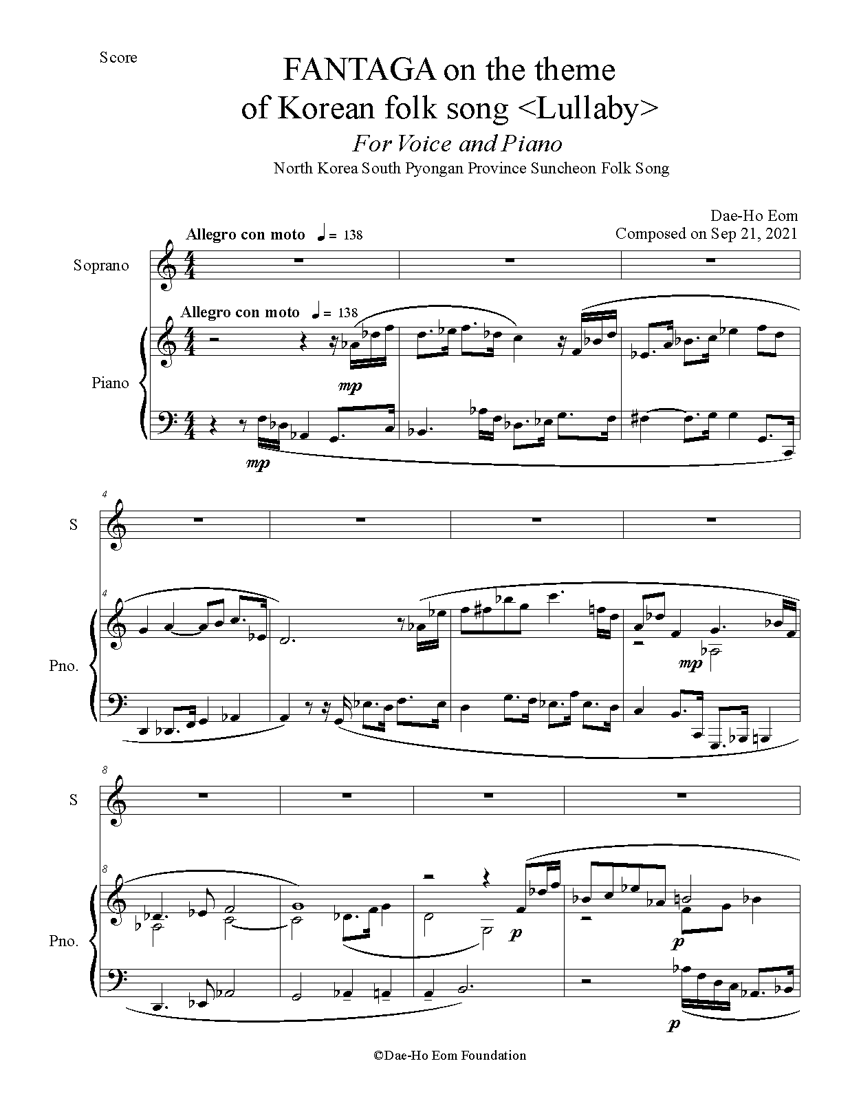 Fantaga on the Theme of Korean Folk Song 'Lullaby' (Eom, Dae-Ho) - IMSLP