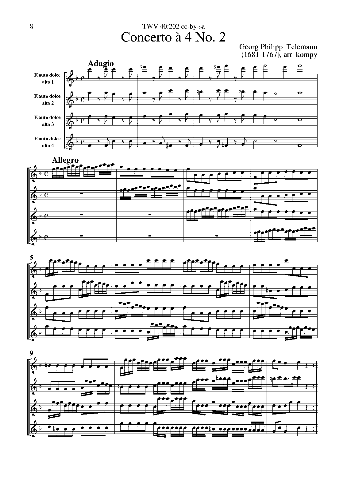 4 Concerti For 4 Violins Twv 40 201 204 Telemann Georg Philipp