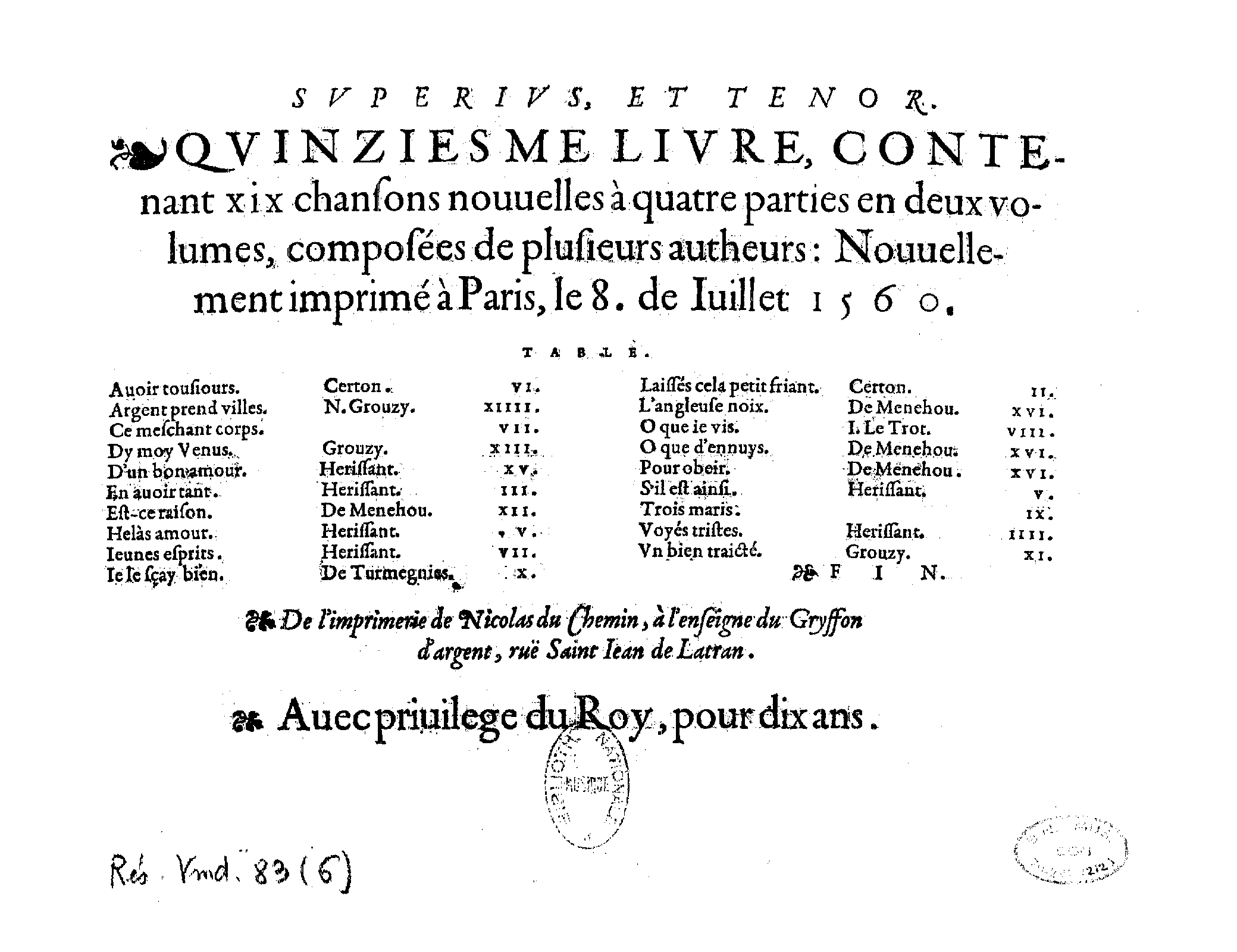 19 Chansons nouvelles, Livre 15 (Du Chemin, Nicolas) - IMSLP 19 Chansons nouvelles, Livre 15 (Du Chemin, Nicolas) - IMSLP