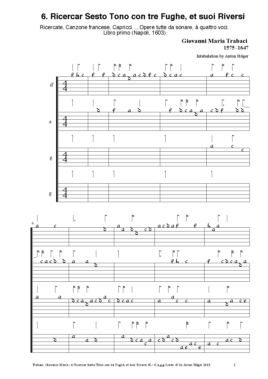 Ricercar Sesto Tono con tre Fughe, et suoi Riversi (Trabaci, Giovanni ...