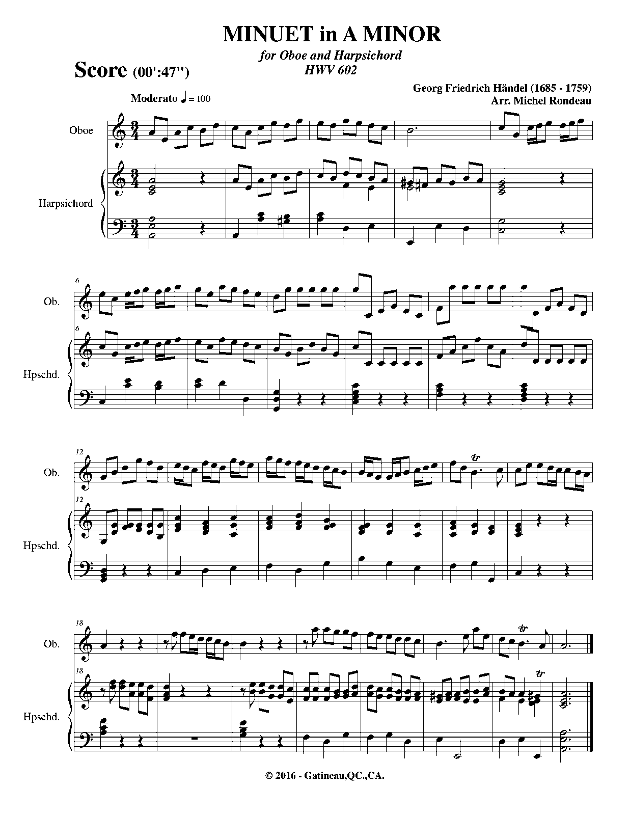 Minuet In A Minor Hwv 602 Handel George Frideric Imslp