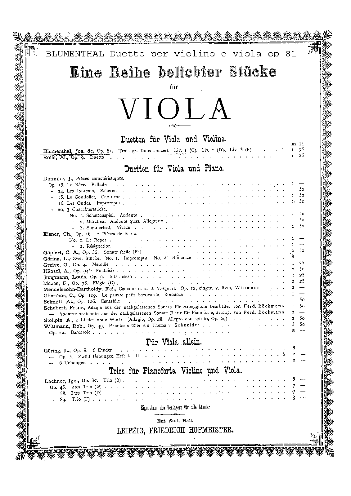 3 Grand Concertant Duos for Violin and Viola, Op.81 (Blumenthal, Joseph ...